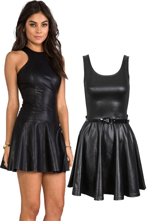Ladies Womens Wet Look Pvc Belted Plus Size Flared Celebrity Skater