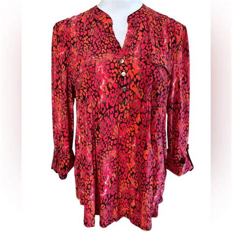 Cocomo Tops Cocomo Large Red Orange Black 34 Sleeve Womens Pintuck