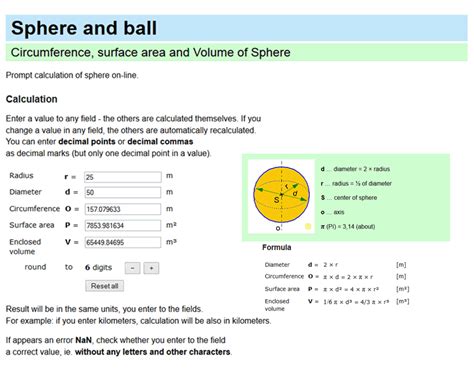 SPHERE Circumference Surface Area Enclosed Volume Of Sphere Formula And On Line Calculator