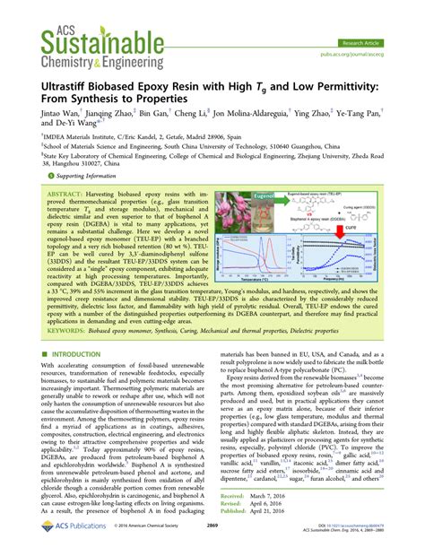 Pdf Ultrastiff Biobased Epoxy Resin With High Tg And Low Permittivity From Synthesis To