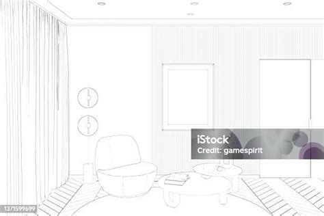 문 옆에 있는 벽에 수직 포스터가 있는 현대적인 거실의 스케치 안락의자 근처의 커피 테이블 창문 커튼 근처의 램프 쪽모이 세공 바닥에 둥근 카펫이 있습니다 0명에 대한 스톡