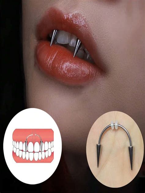 Set Of 2 No Punch Vampire Dress Up Teeth Rings Stainless Steel Teeth