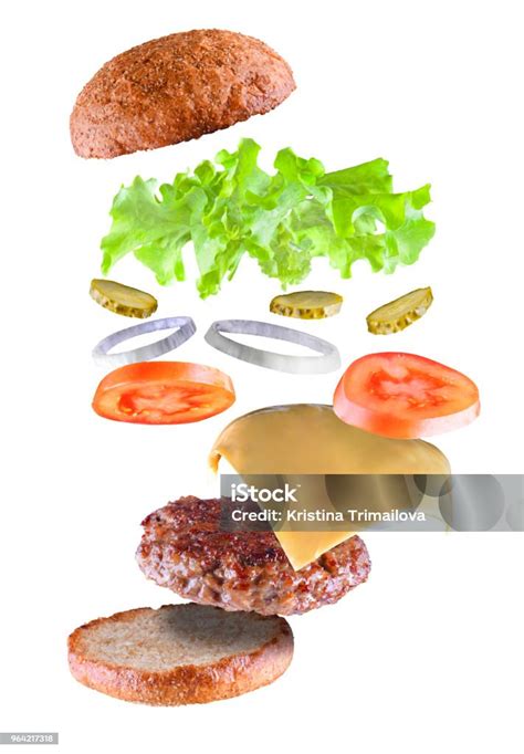 맛 있는 맛 있는 햄버거 재료 흰색 배경에 고립 된 비행 햄버거 부품 공기에서 비행입니다 부동 햄버거 파리 곤충에 대한 스톡