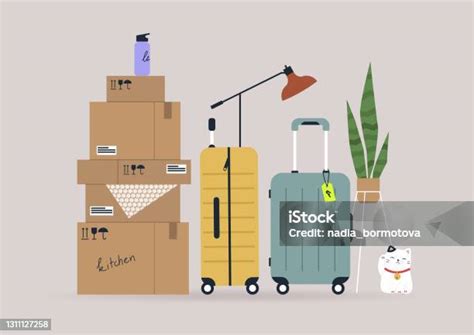 이전 개념 골판지 상자 및 개인 소지품과 내부 물건가방 새 아파트로 이동 저장 서비스 이주 개념에 대한 스톡 벡터 아트 및 기타 이미지 이주 개념 여행 가방 상자