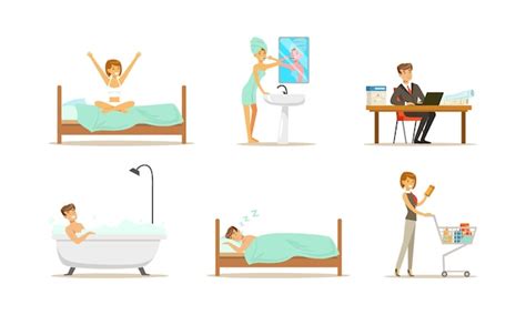 Premium Vector People Daily Routine Set Man And Woman In Everyday