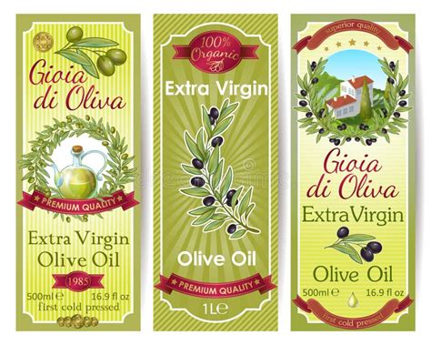Etiquetas Del Aceite De Oliva Empaquetado Superior De La Botella Con Las Aceitunas Sistema Del