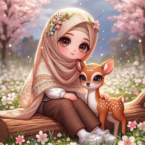 بک گراند کودکانه دختر ناز با حجاب و بچه آهوی ناز میان گلها کد 44177