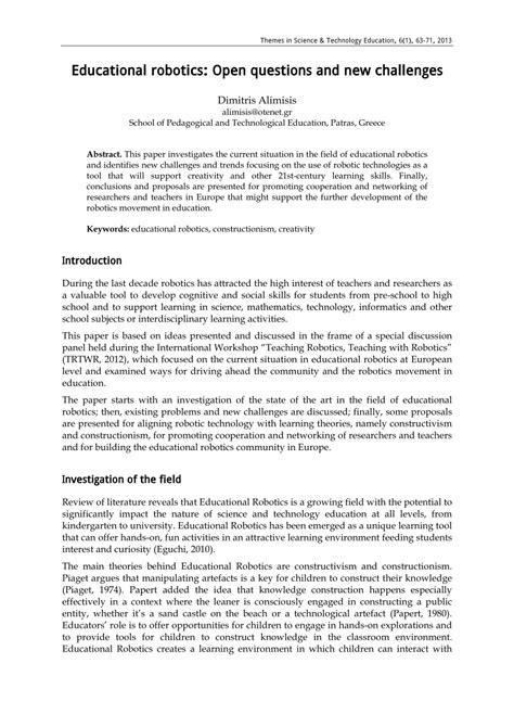 Pdf Educational Robotics Open Questions And New Challenges