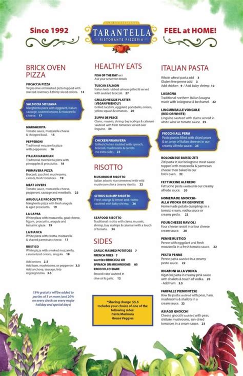 Tarantella Ristorante Dinner Menu Italian Restaurant Weston