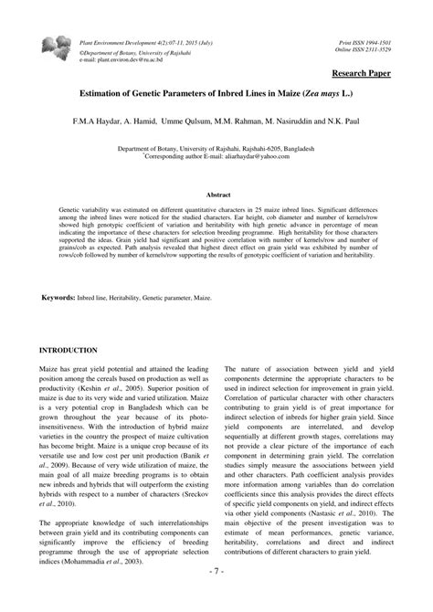 Pdf Estimation Of Genetic Parameters Of Inbred Lines In Maize Zea Mays L