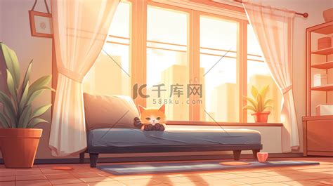 小猫躺在舒适窗边4插画图片 千库网