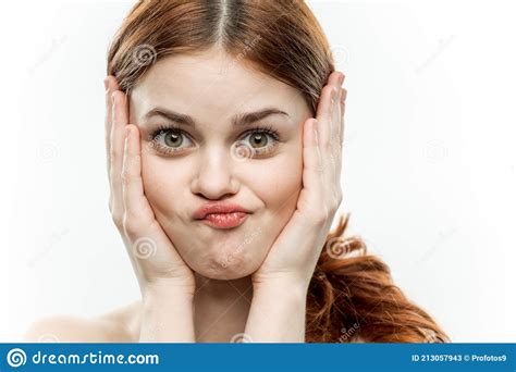Emotional Cheerful Woman Holding Hands Near Face Attractive Look Stock