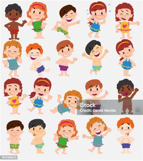 만화 캐릭터 남자와 여자는 수영복에 다른 자세 태도와 포즈 다양 한 활동을 하 고 긍정적인 태도에 항상 설정 합니다 벡터