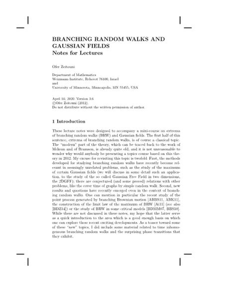 Branching Random Walks And Gaussian Fields Notes For Lectures Docslib