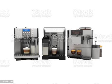 흰색 배경에 다른 커피 음료를 위한 전문 커피 머신 그룹의 3d 그림 그림자 없음 0명에 대한 스톡 사진 및 기타 이미지 0명 강철 금속 Istock