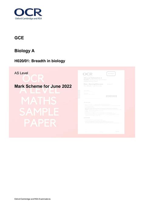 Solution Ocr As Level June 2022 Marksheme Biology A Paper 1 Breadth In