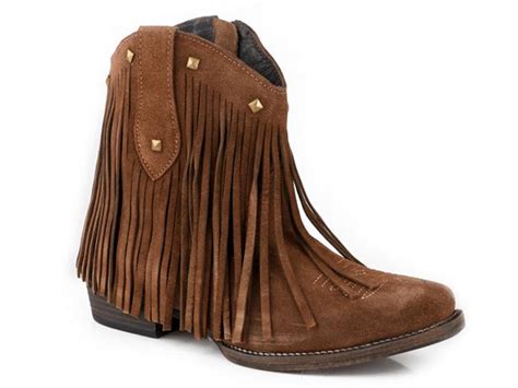 Roper® Ladies Brown Suede Snip Toe Fringe Shorty Boots