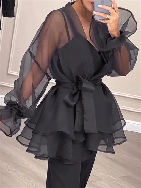 Organza Flouncing Elegant Long Sleeve Plain Kimono Stylewe