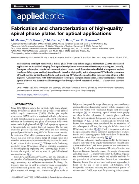 Pdf Fabrication And Characterization Of High Quality Spiral Phase Plates For Optical Applications