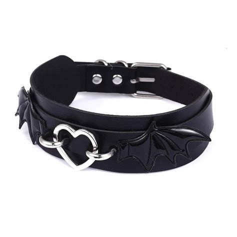 Black Leather Bat Wings Choker Necklace For Women Girls Goth Cute Hear