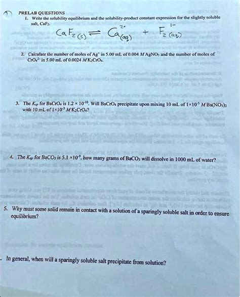 Prelab Questions 1 Write The Solubility Equilibrium And The Solubility Product Constant