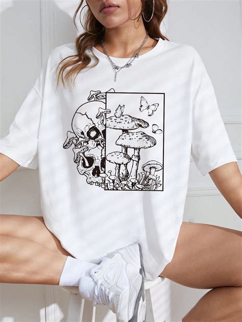 Mushroom Print Drop Shoulder Oversized Tee Shein Uk