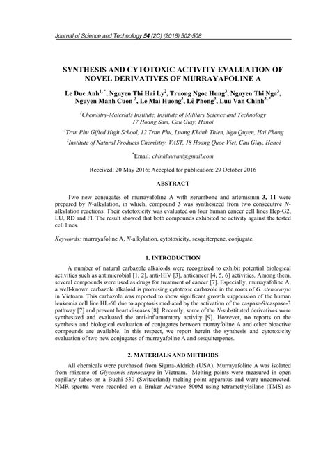 Pdf Synthesis And Cytotoxic Activity Evaluation Of Novel Derivatives Of Murrayafoline A