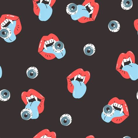 Female Vampire Lips Seamless Pattern Funky Cartoon Womans Open Mouth