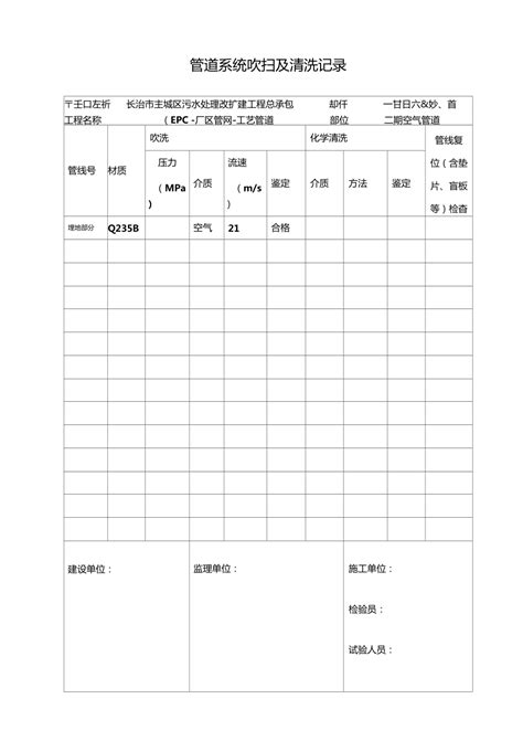 管道吹扫及清洗记录表
