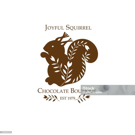 초콜릿 부티크 프리메이드 엠블럼 디자인 즐거운 다람쥐 흑백 색상 격리된 배경입니다 손으로 그린 스탬프 실루엣 농가 장식 농민 시장 브랜드 벡터 다람쥐에 대한 스톡 벡터 아트