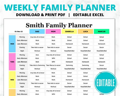EDITABLE Daily Family Planner Schedule Hourly Planner Family Organizer Datebook Planning