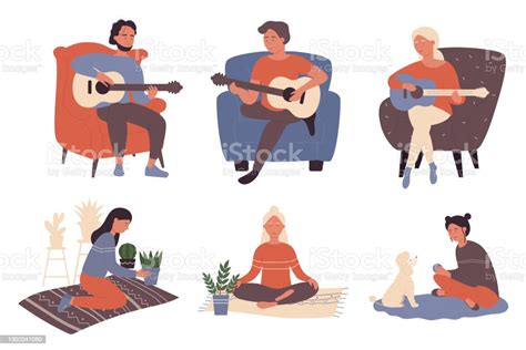 사람들은 집에서 시간을 즐길 수 기타를 연주 음악가 개와 함께 연주 남자와 여자 바닥재에 대한 스톡 벡터 아트 및 기타 이미지 바닥재 남자 요가 Istock