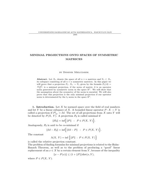 Minimal Projections Onto Spaces Of Symmetric Matrices By Dominik Mielczarek