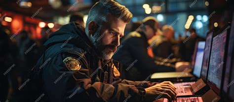 Premium Photo Portrait Of A Bearded Hacker Using A Laptop At Night In The City
