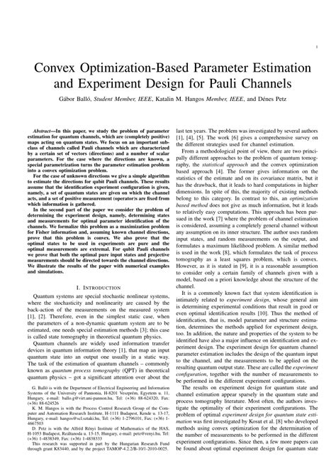 Pdf Convex Optimization Based Parameter Estimation And Experiment