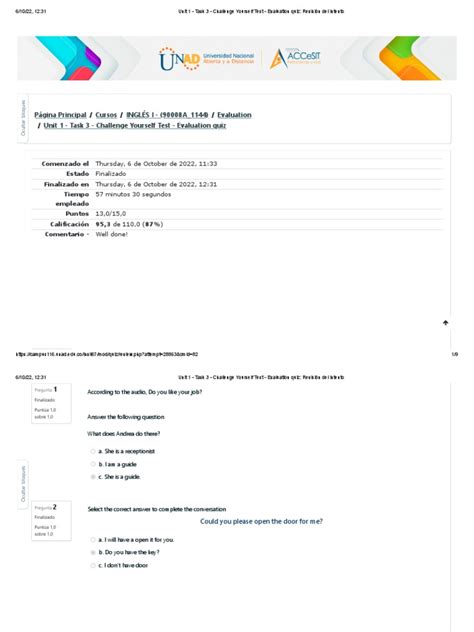 Unit 1 Task 3 Challenge Yourself Test Evaluation Quiz Revisión Del Intento Pdf Lunch