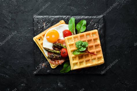 El desayuno Gofres belgas con huevo espárragos y tocino Comida