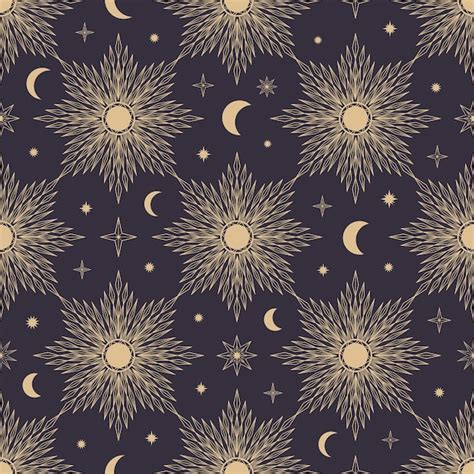Premium Vector Hand Drawn Seamless Pattern Of Sun Moon Sunburst Stars