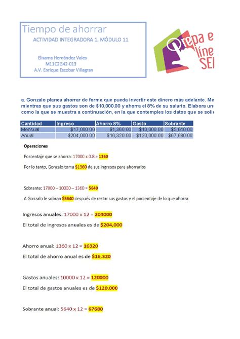 Actividad Integradora 1 Módulo 11 Tiempo De Ahorrar Actividad