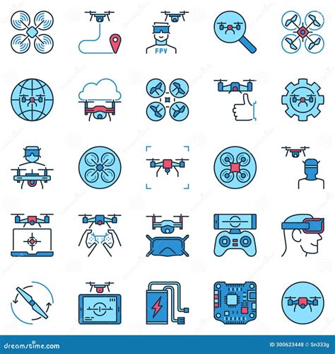Fpv Drone Colored Icons Set Drone And Quadcopter Concept Vector Signs Stock Illustration