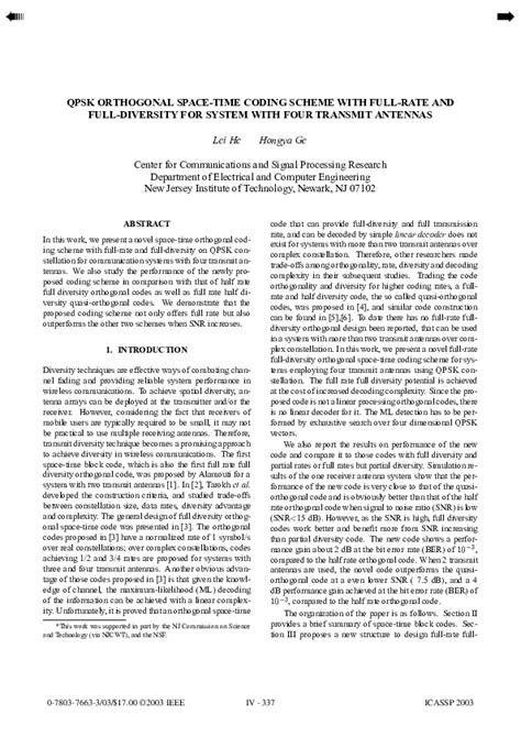 Pdf Qpsk Orthogonal Space Time Coding Scheme With Full Rate And Full
