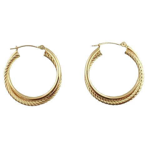 Vintage 9k Yellow Gold Hoop Earrings Twist Double Hoop C1990s For