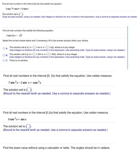 Solved Find All Real Numbers In The Interval 0 2pi That
