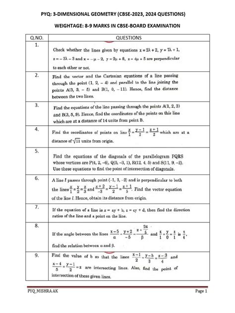 Pyq 3 Dimensional Geometry Pdf