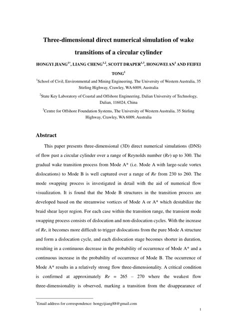 Pdf Three Dimensional Direct Numerical Simulation Of Wake Transitions Of A Circular Cylinder