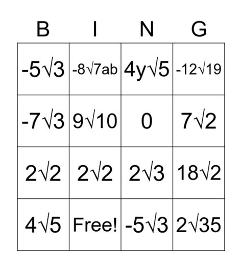 Radical Functions Bingo Card
