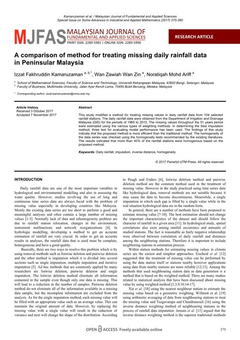 Pdf A Comparison Of Method For Treating Missing Daily Rainfall Data In Peninsular Malaysia