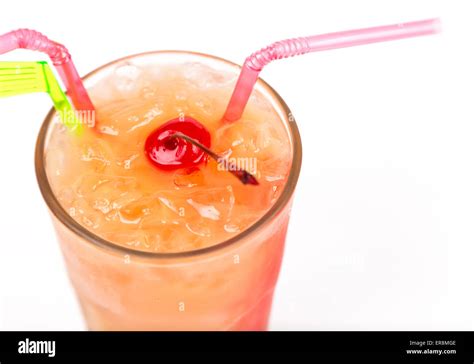 Close Up Freshness Cocktail With Ice In Glass With Drinking Straw Stock