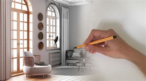 건축가 인테리어 디자이너 개념 공간이 실제가 되는 동안 디자인 인테리어 프로젝트를 손으로 그리고 보호 스타일의 소파가 있는 농가 목조 거실 개념에 대한 스톡 사진 및 기타