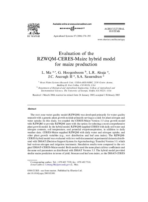 Pdf Evaluation Of The Rzwqm Ceres Maize Hybrid Model For Maize Production